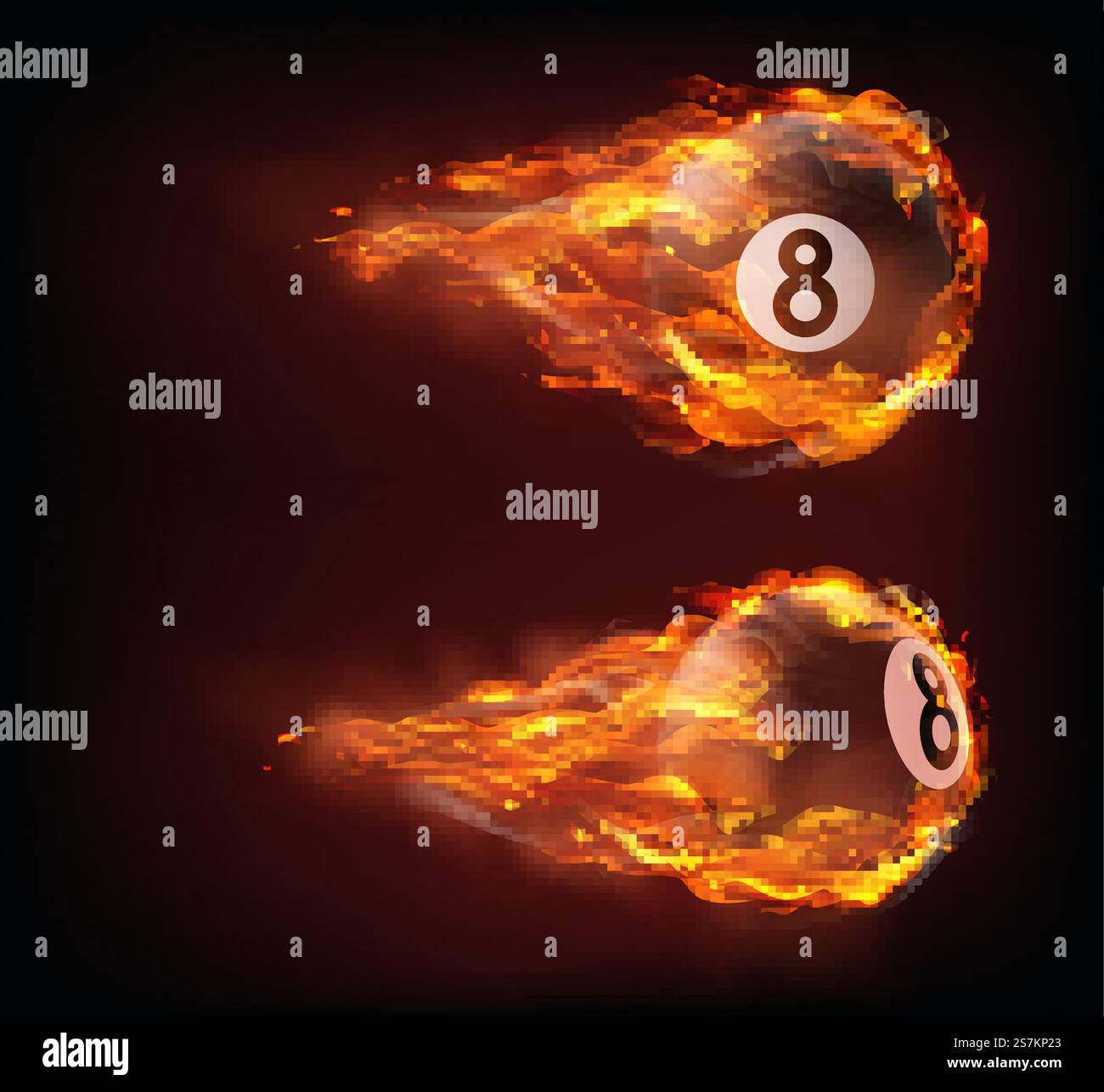Flying black billiard eight ball in fire isolated on black background ...