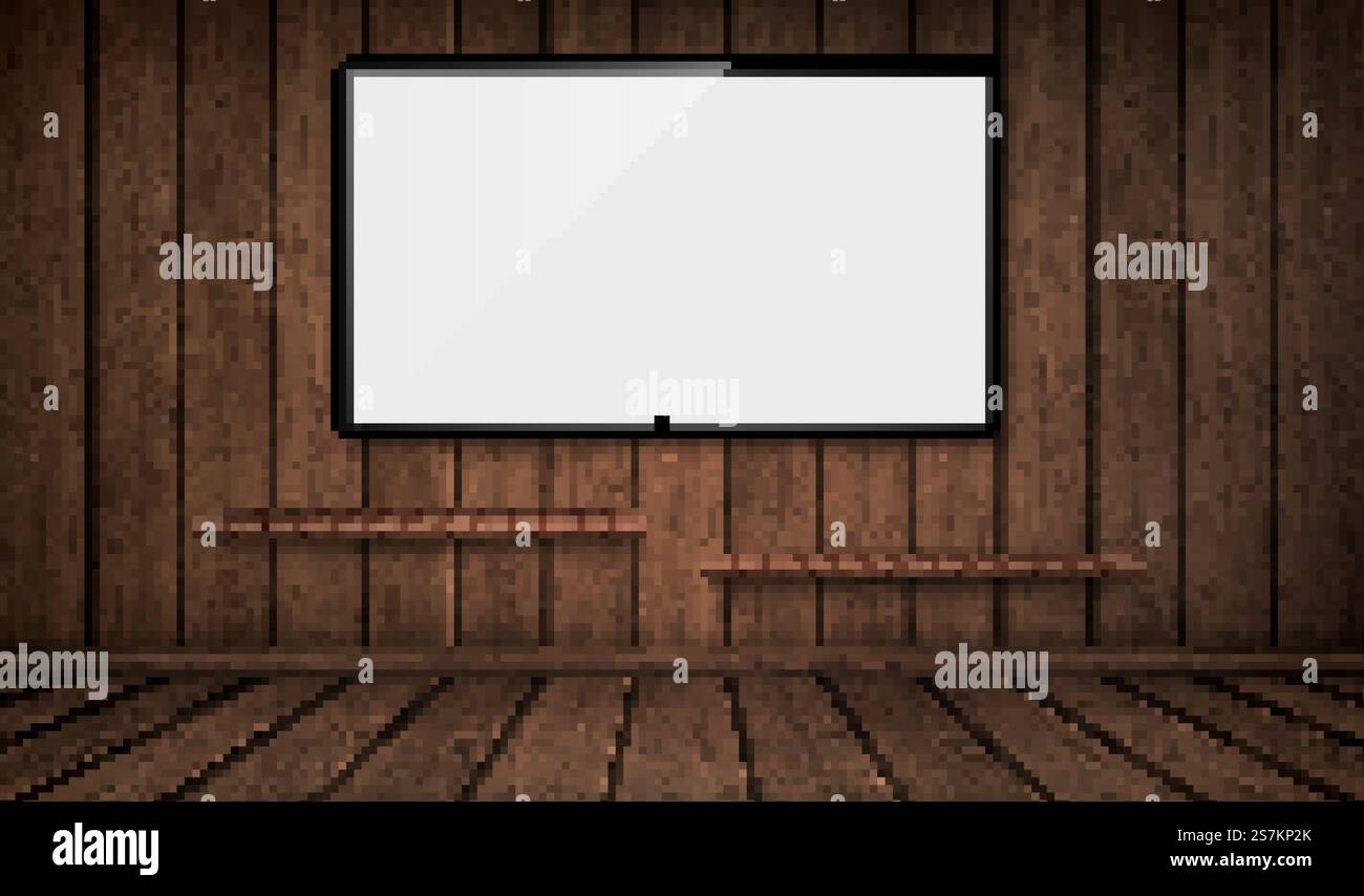 Empty wooden room with wide tv screen and bookshelves. Vector realistic ...