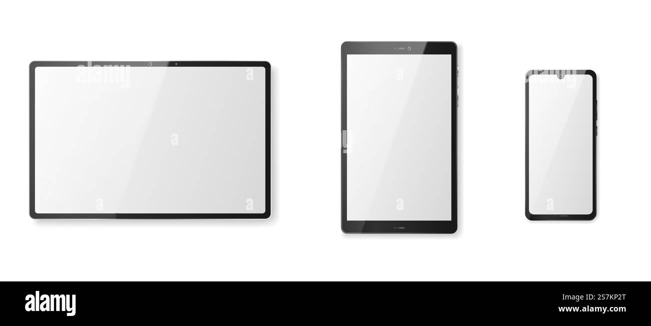 Tablet computer with white screen and black frame. Realistic mockup of ...