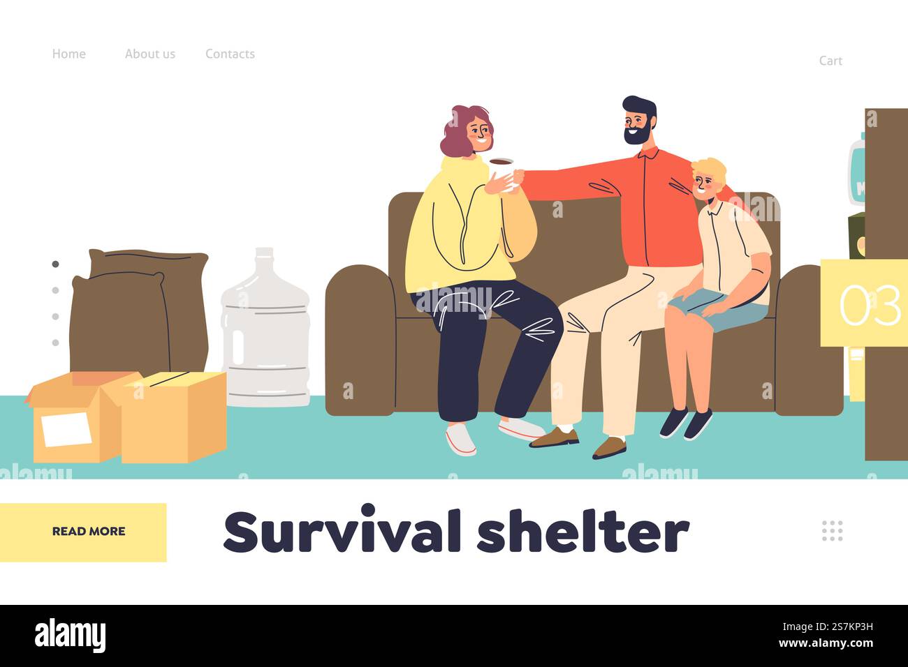 Survival shelter concept of landing page with parents and kid in secret ...