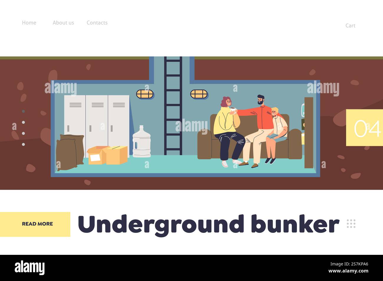 Underground bunker concept of landing page with family hiding in ...