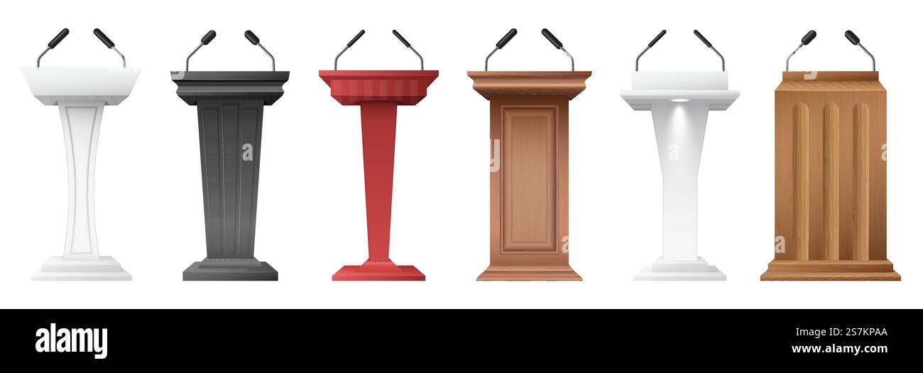 Tribunes set. Realistic podiums with microphones, winner or speaker ...