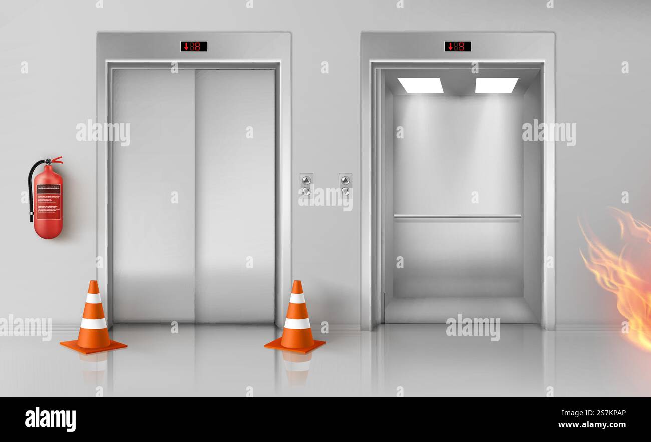 Fire in office hallway with open and closed elevator doors, red ...