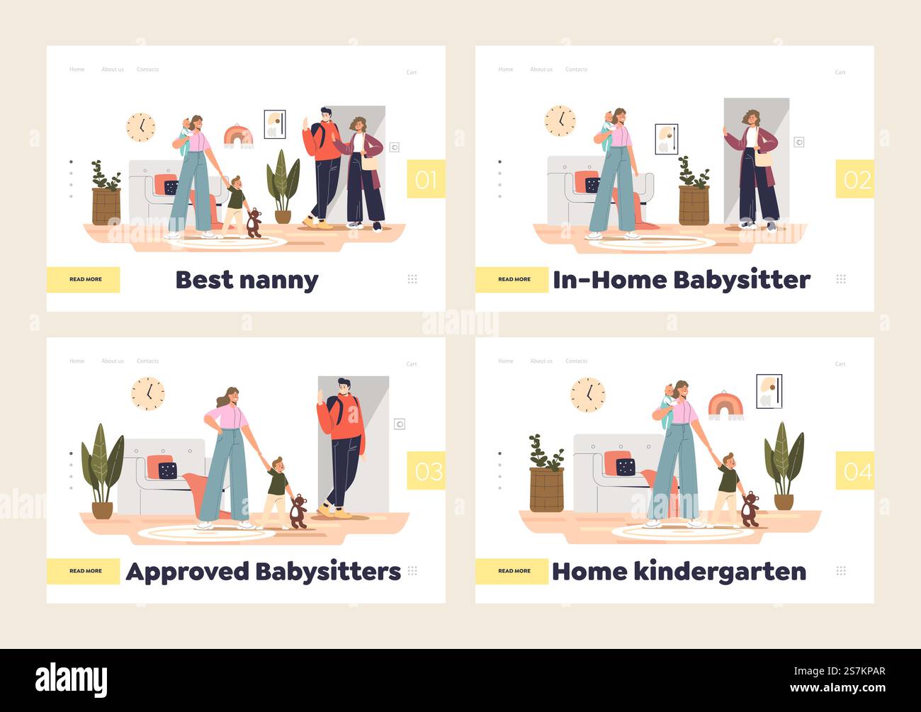 Babysitter service and home kindergarten concept of set of landing pages with nannies sitting ...