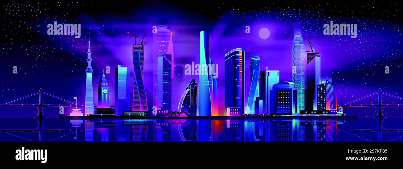 Growing metropolis, city development neon colors, cartoon vector ...