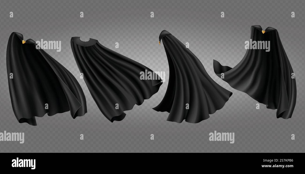 Black cloaks set. Silk flattering capes side, back and front view ...