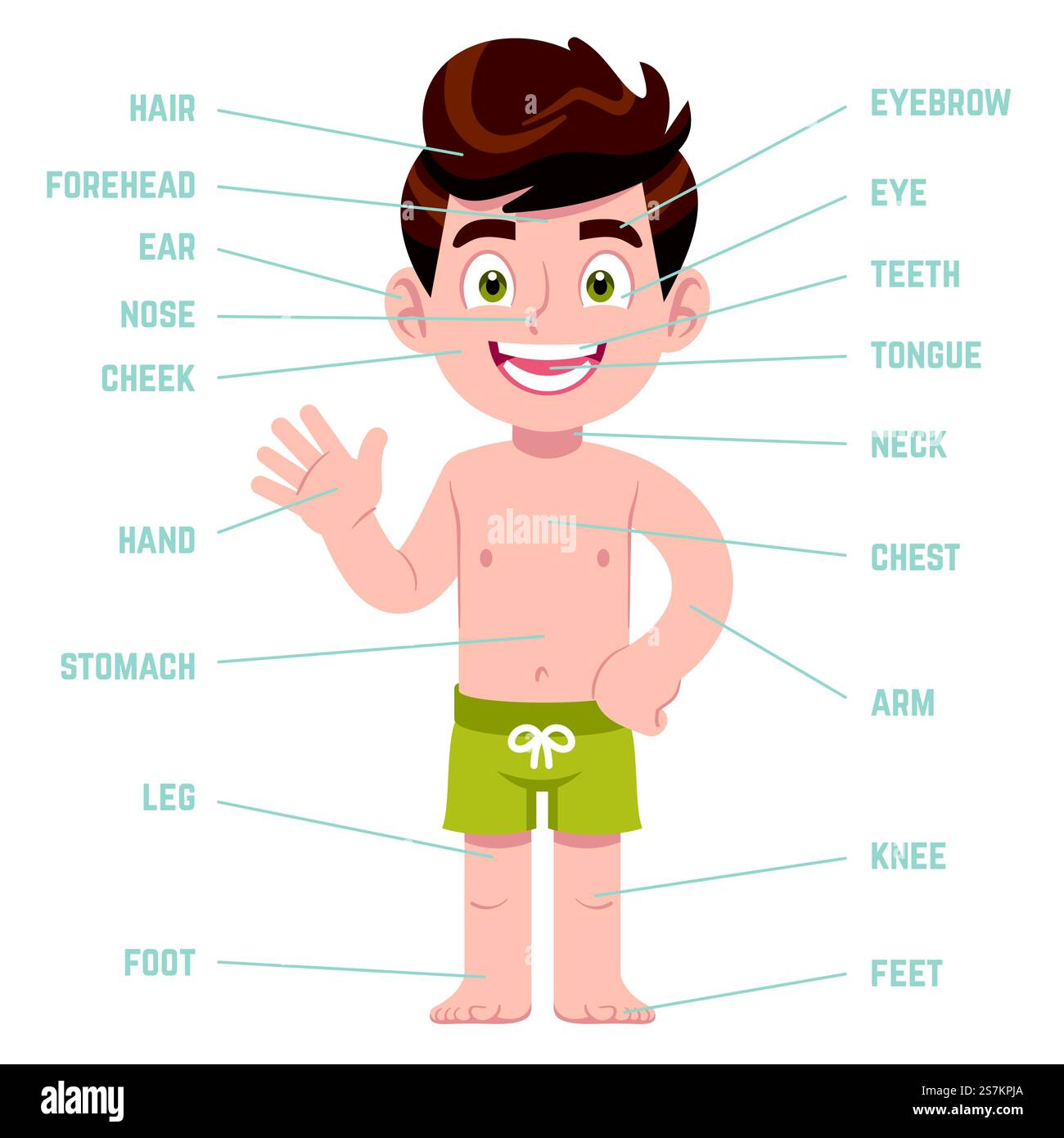 Child body parts. Boy with eye, nose and mouth, hair, ear and callouts ...