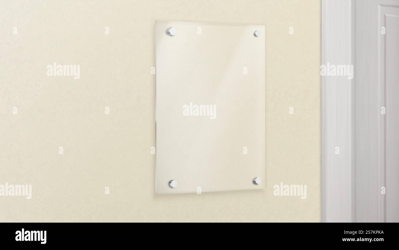 Glass name plate bolted to wall in office. Empty plexiglass image or ...