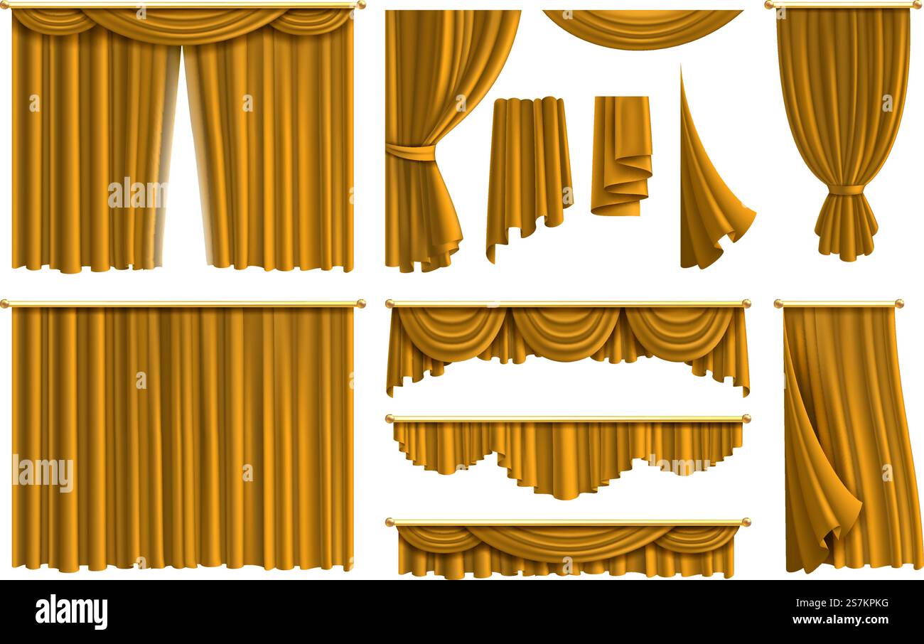 Realistic golden curtains. Luxury fabric silk curtain for theatre or window decoration in ...