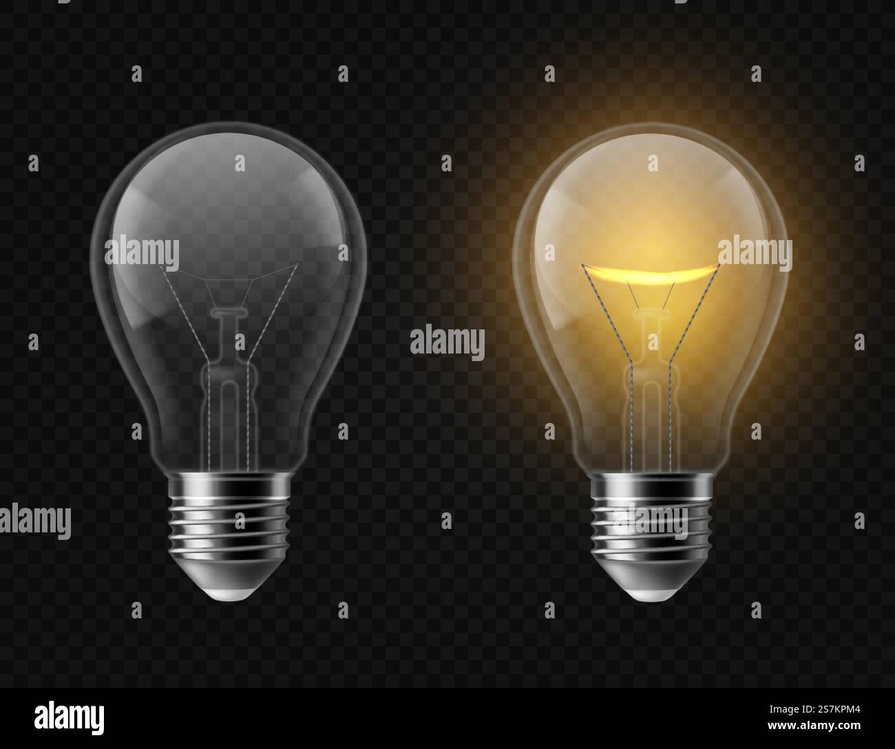 Realistic light bulb. Turned off and glowing isolated lamps. Creative ...