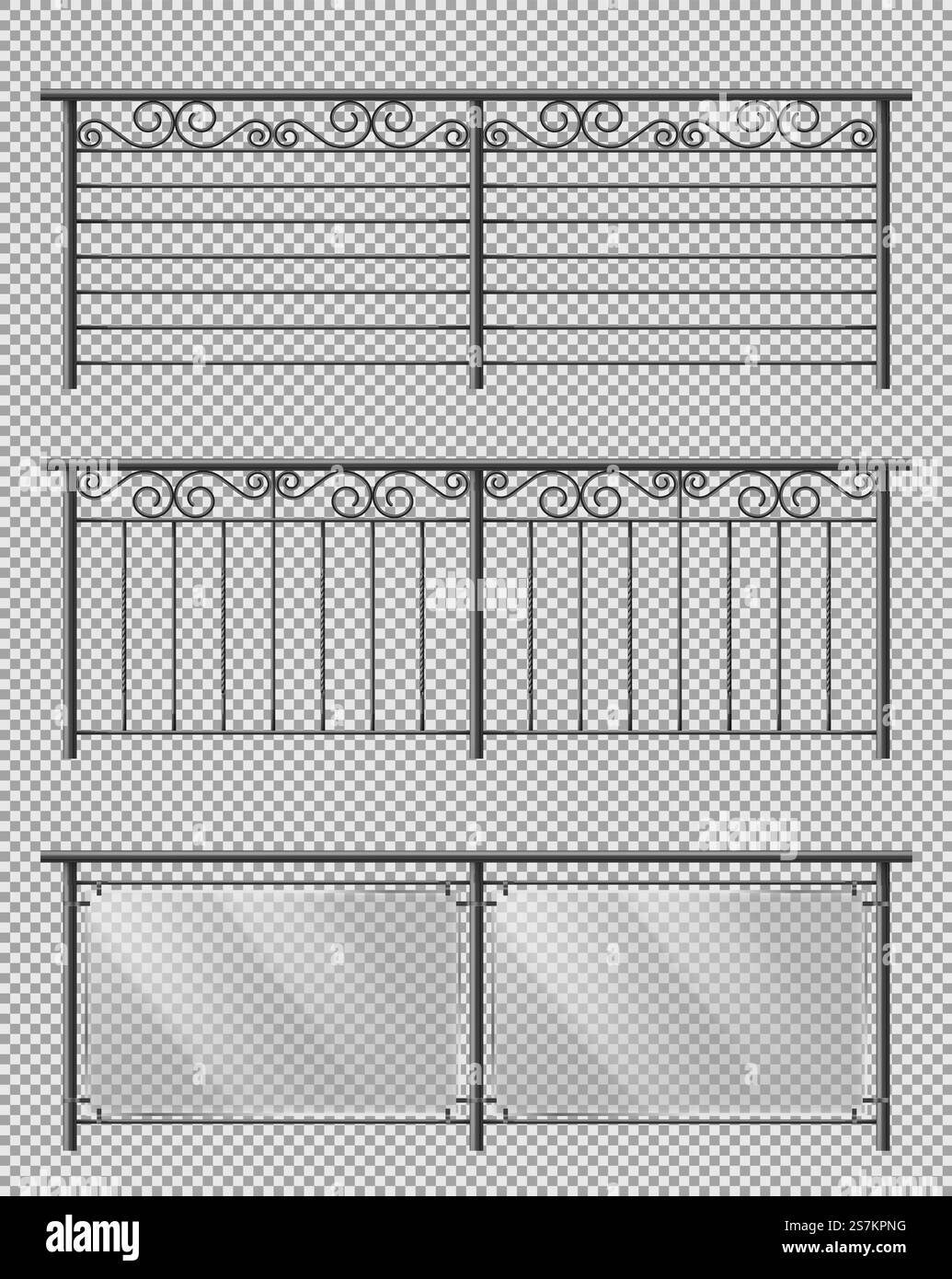 Metal, glass handrail or fencing sections set with forged steel, spiral ...