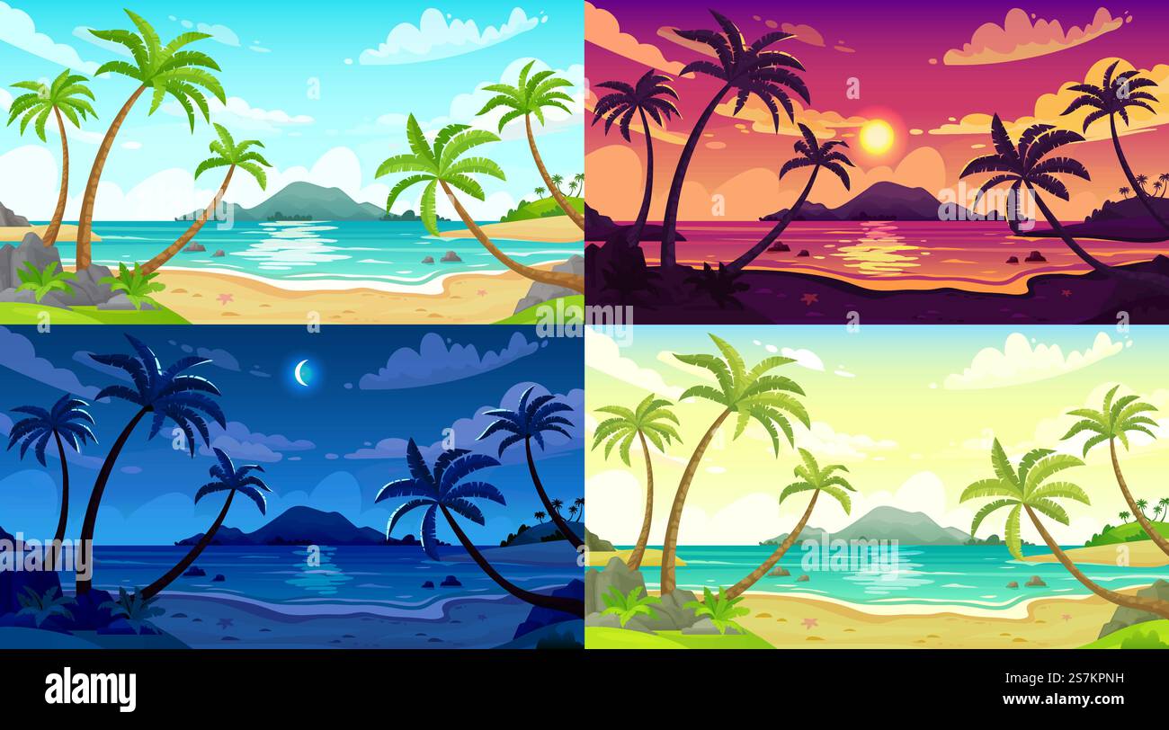 Daytime beach landscape. Sunny day seascape, night ocean and sunset beach cartoon vector ...