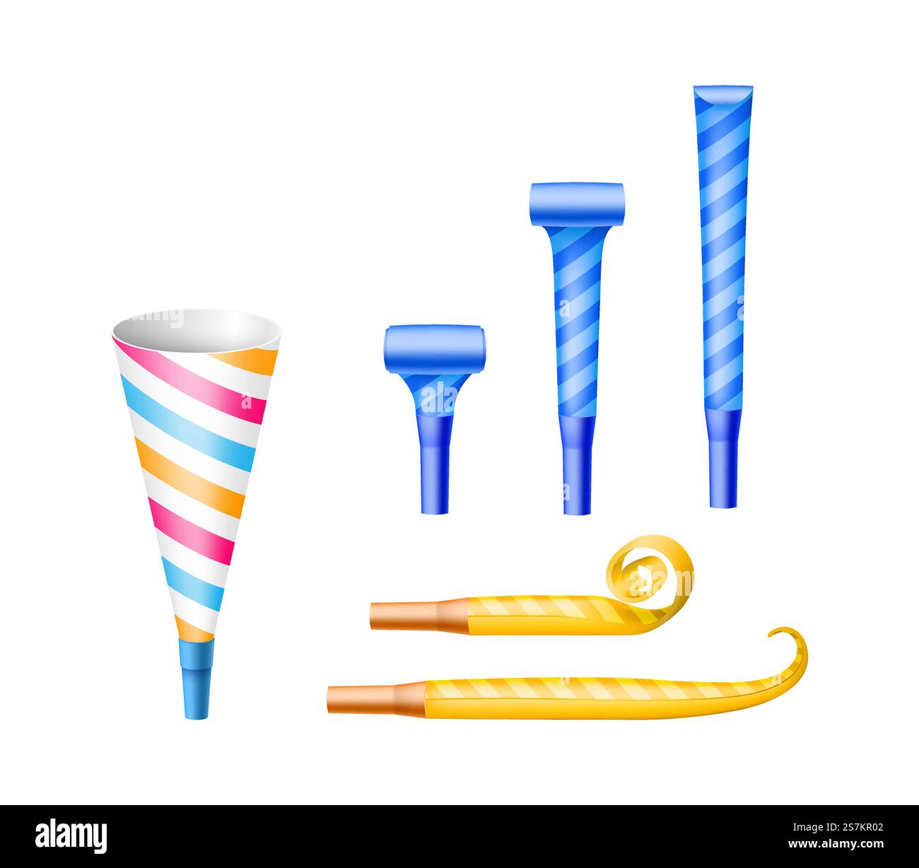 Set of different party noisemakers: paper horn cones and blower ...
