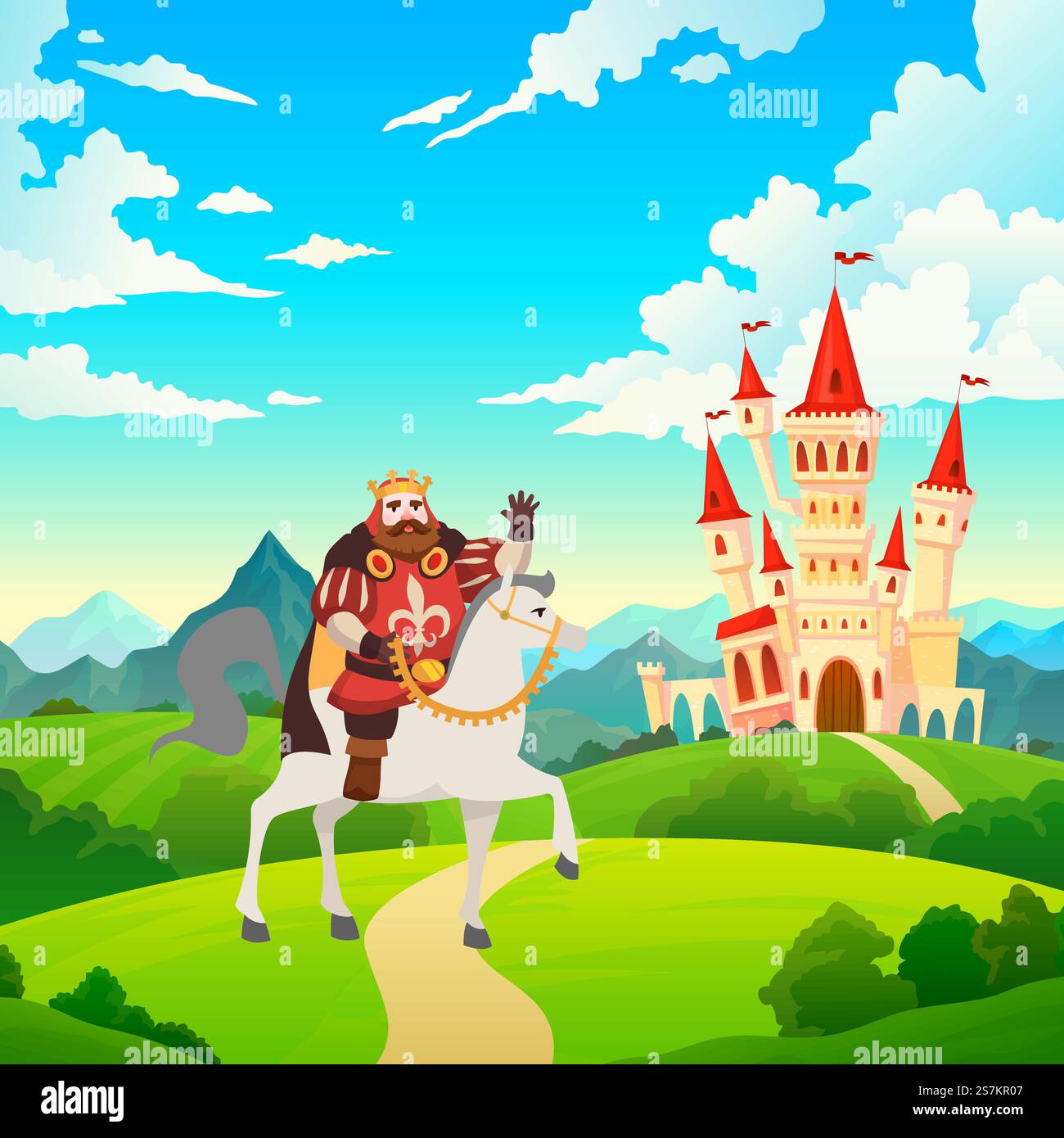 King on horseback. Prince in crown and royal clothes rides to castle or ...