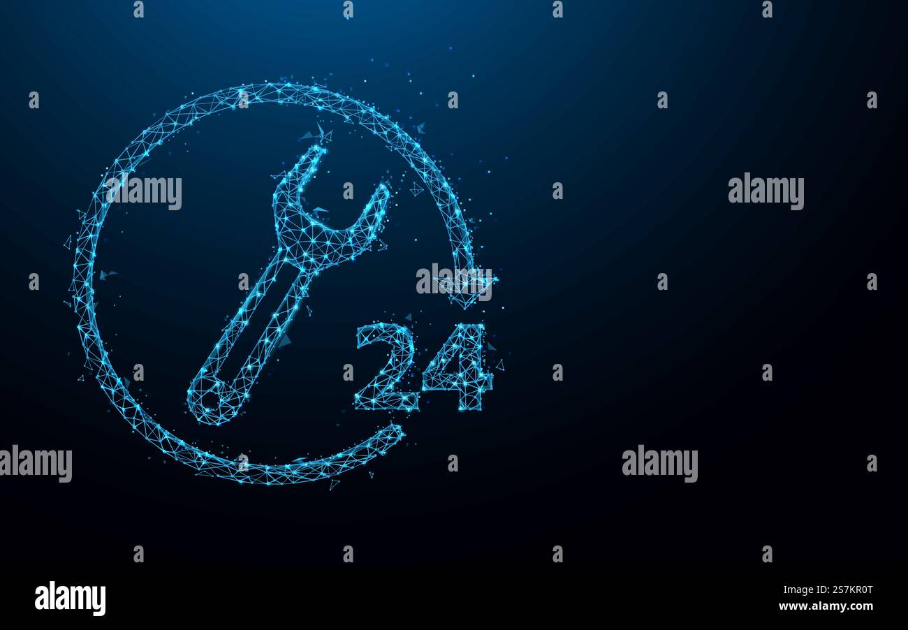24 hours and wrench sign from lines, triangles and particle style ...