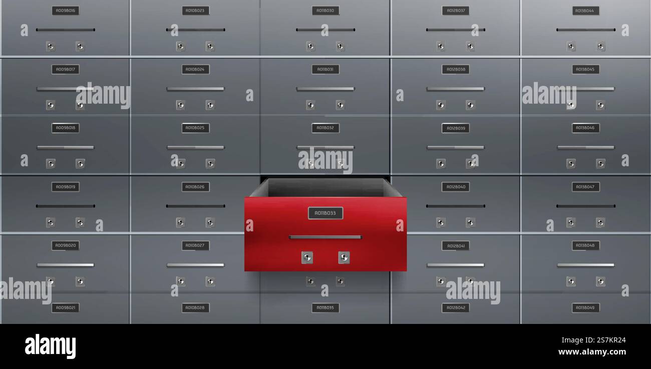 Bank deposit safe boxes wall, one red opened locker with number plate ...