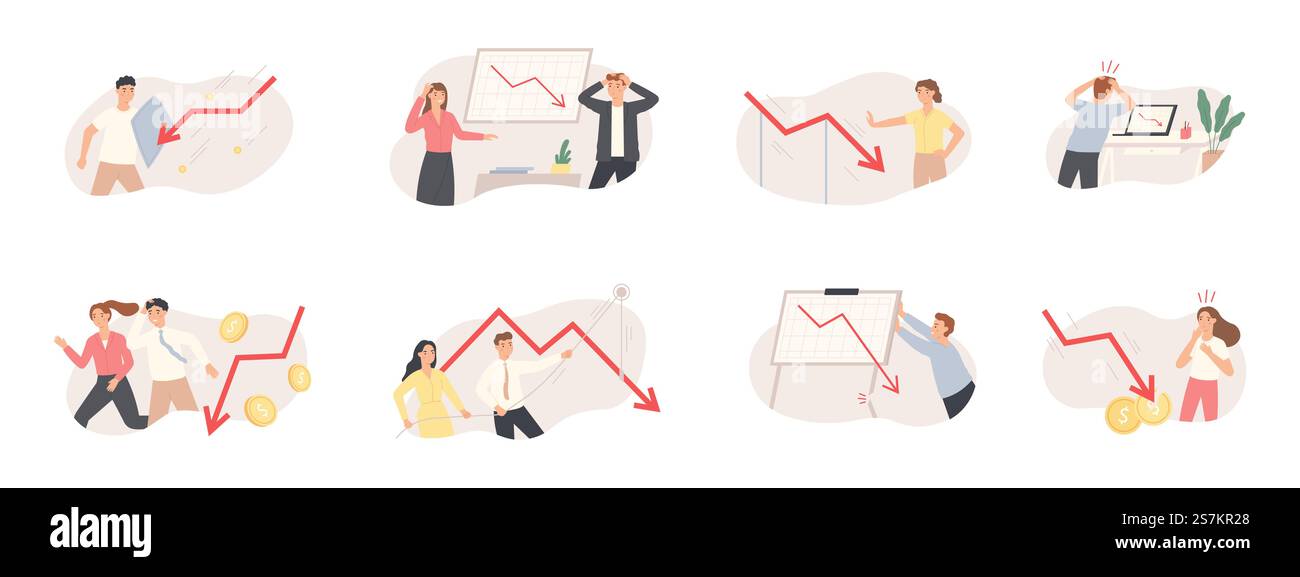 Finance decrease and crisis graph. Falling down business chart arrow, economic budget collapse ...