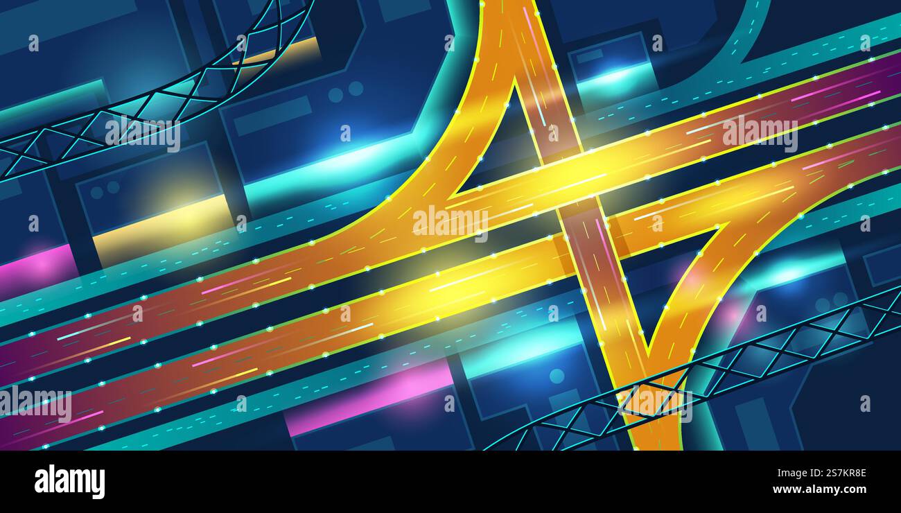 Transport interchange in night neon city top view. Urban futuristic ...