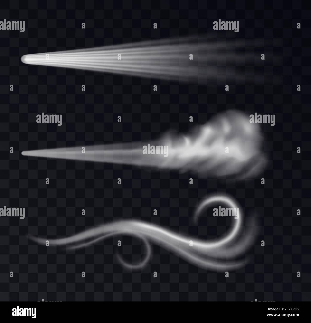 Realistic wind trails. Dust spray and smoky stream, blowing flow curved ...