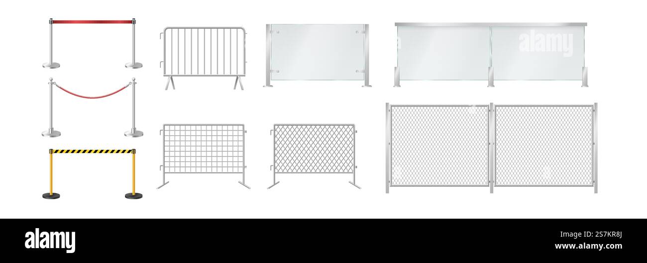 Set of portable fences: glass and metal barriers, belt and rope control ...