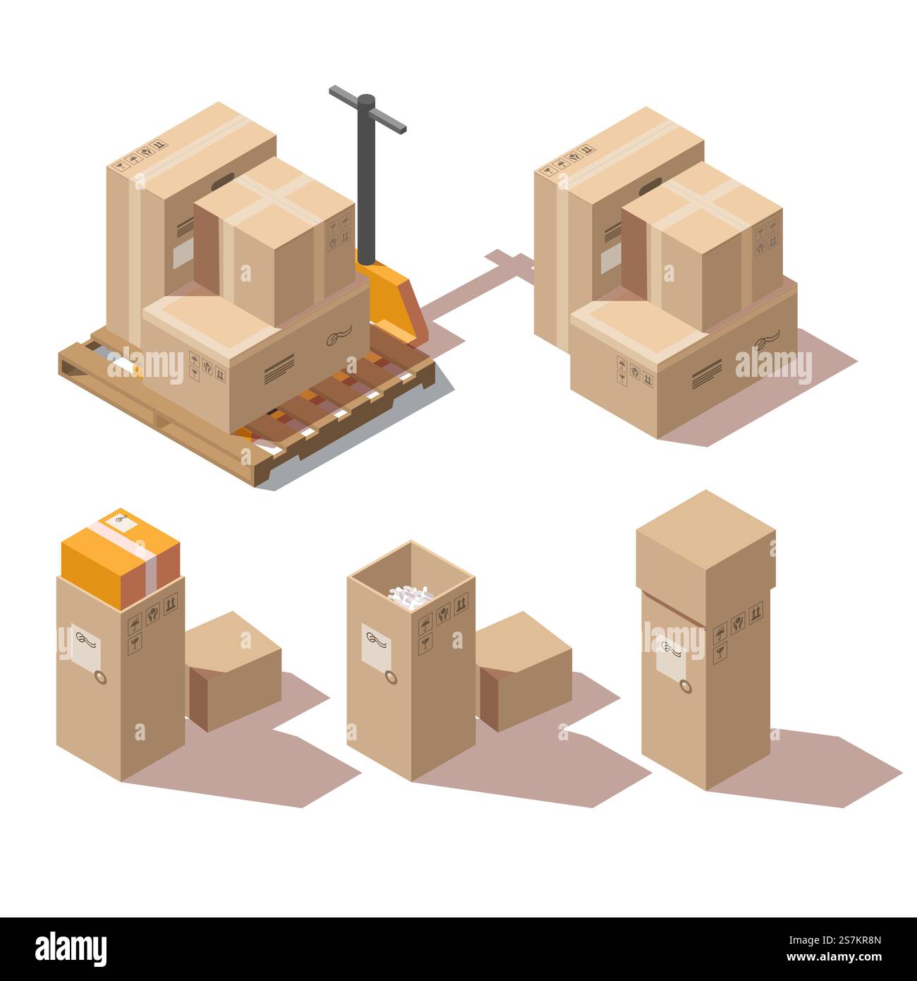 Isometric cardboard boxes set and hand pallet truck for freight and ...