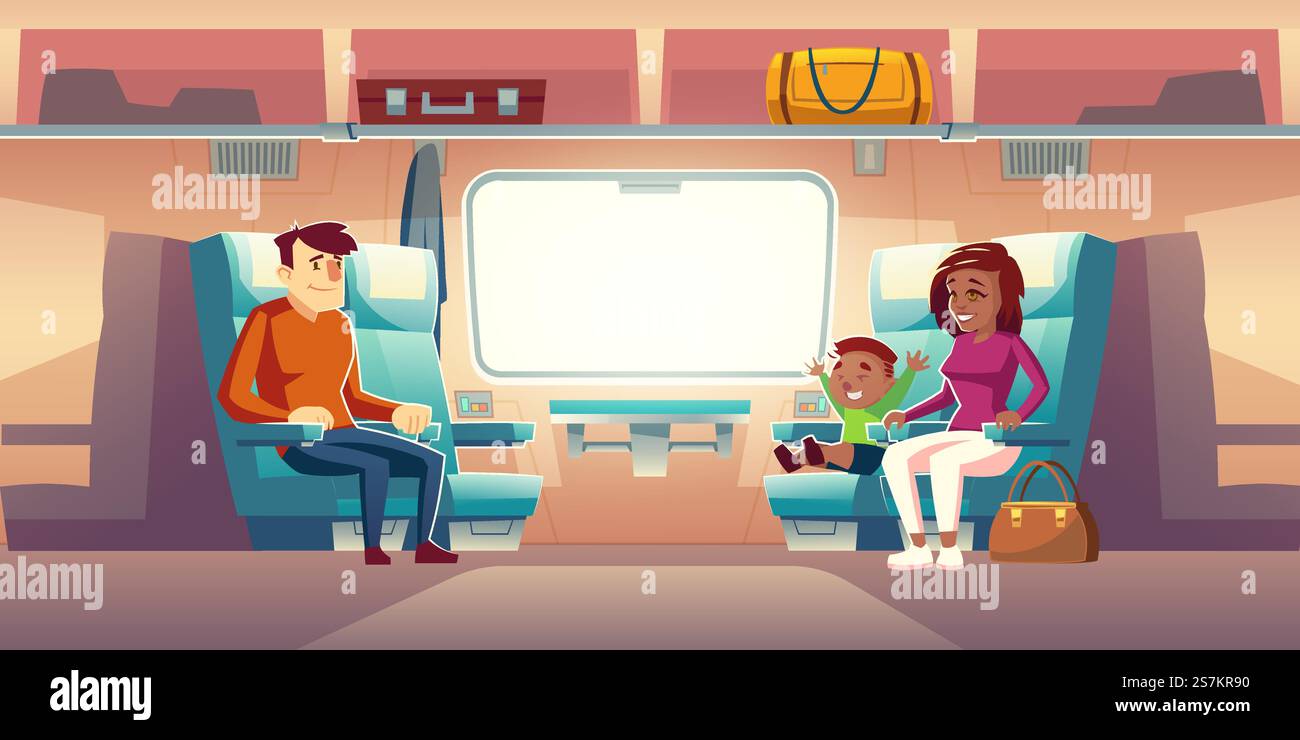 People in train, passengers travel by railway car, mother and son ...