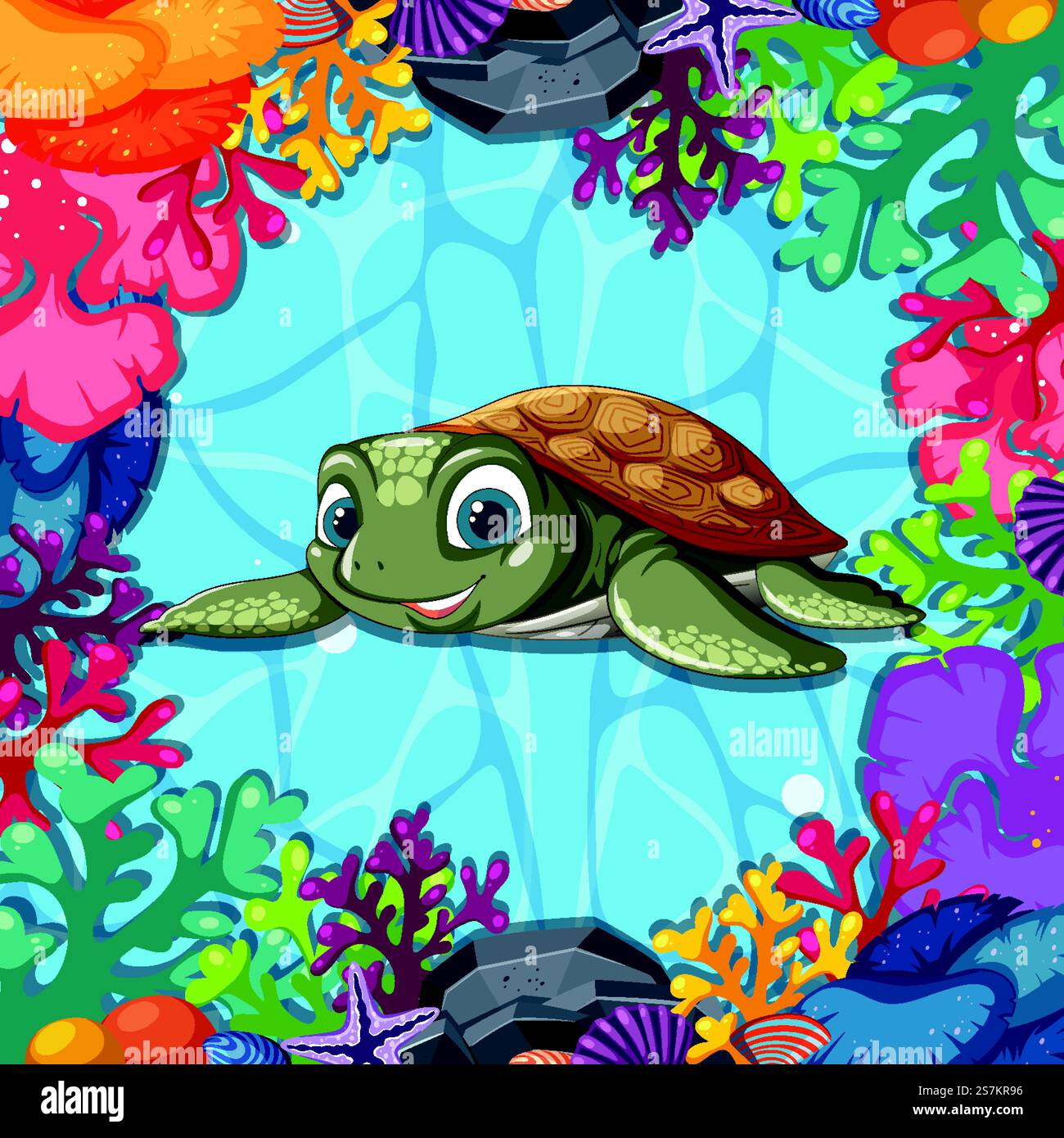 A cheerful turtle swimming amidst vibrant coral reefs Stock Vector ...