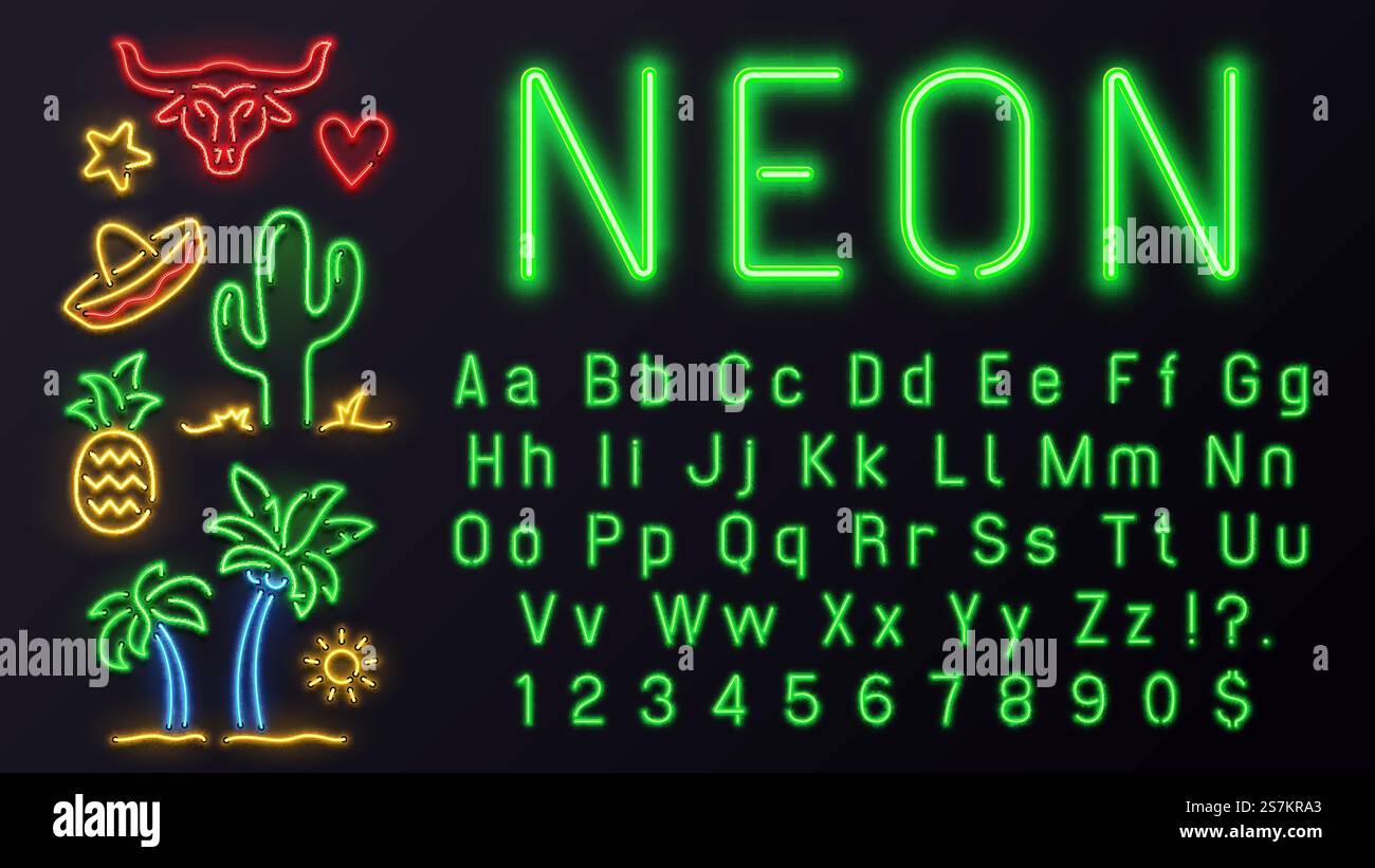 Neon font with signs. Vector alphabet for night, letter lamp electric ...