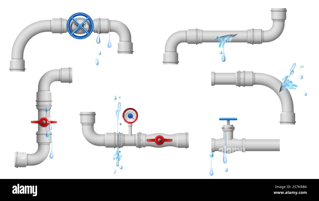 Damaged leaky pipes. Water pipe leaks, broken metal plumbing and leak ...