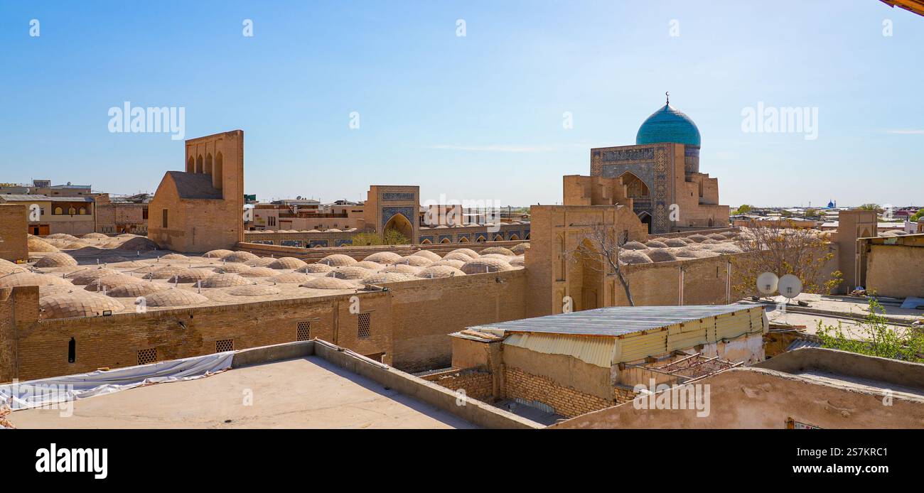 Aerial view of the Kalan Mosque in the historic old town of Bukhara in ...