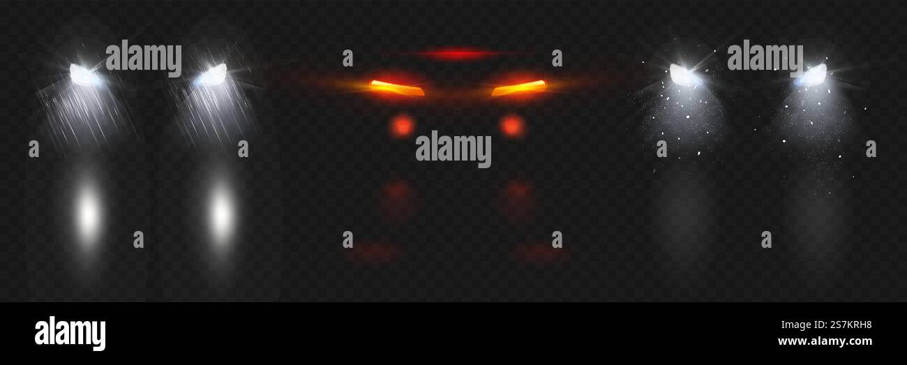 Car headlights shining in snow and rain with reflection on wet road at ...