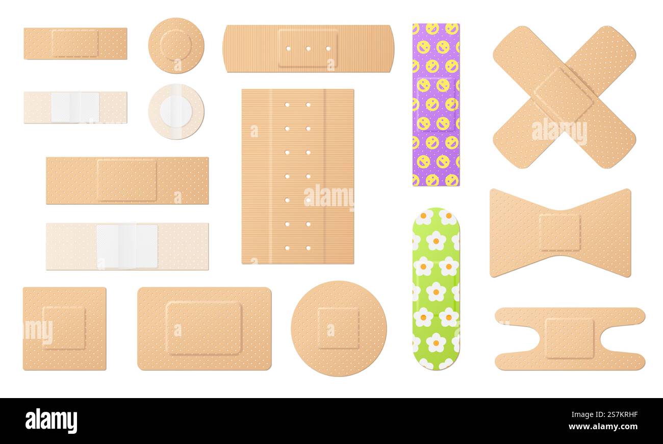 Set of medical patches and adhesive bandages isolated on white ...