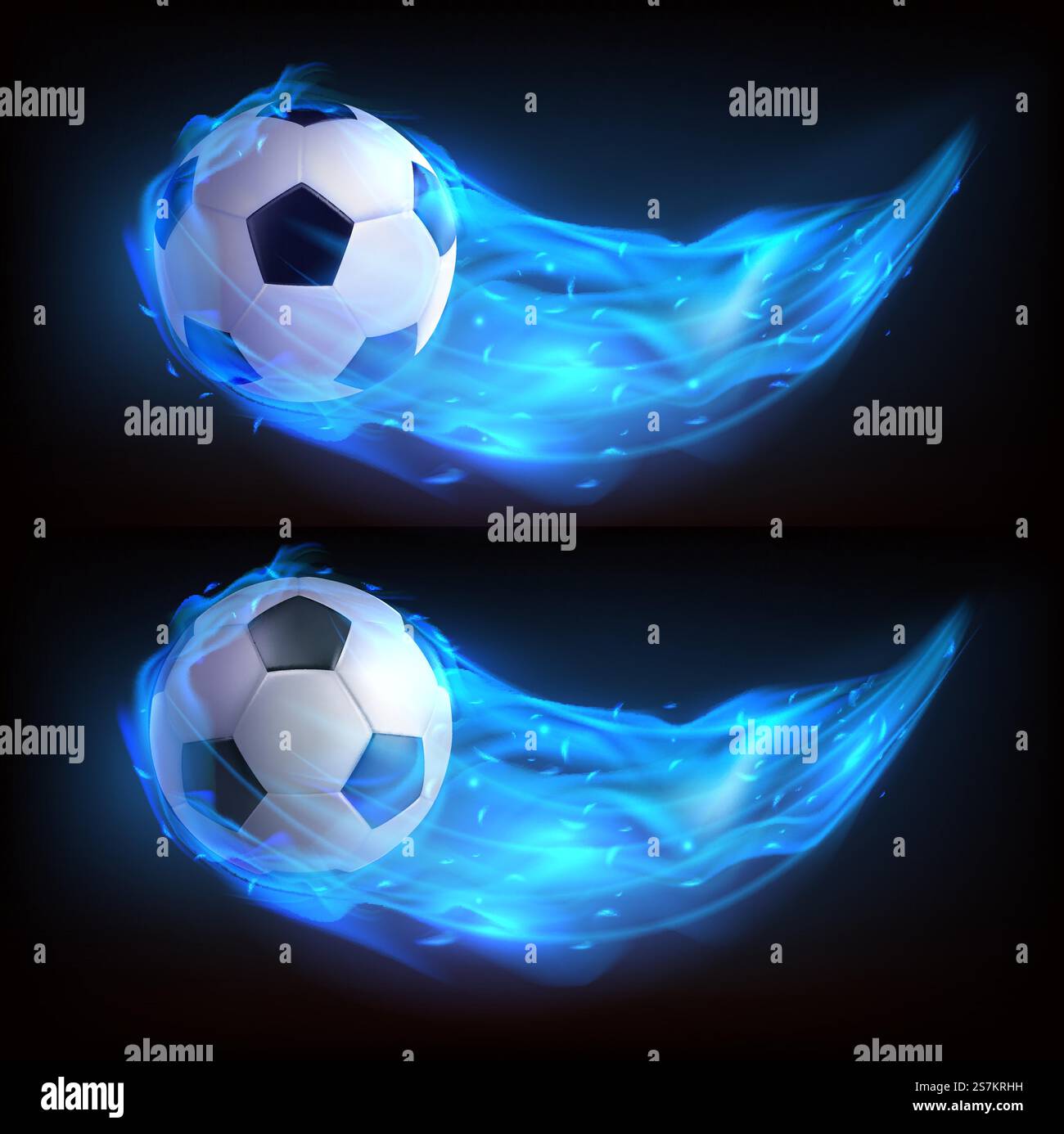 Flying soccer ball in blue fire isolated on black background. Vector ...