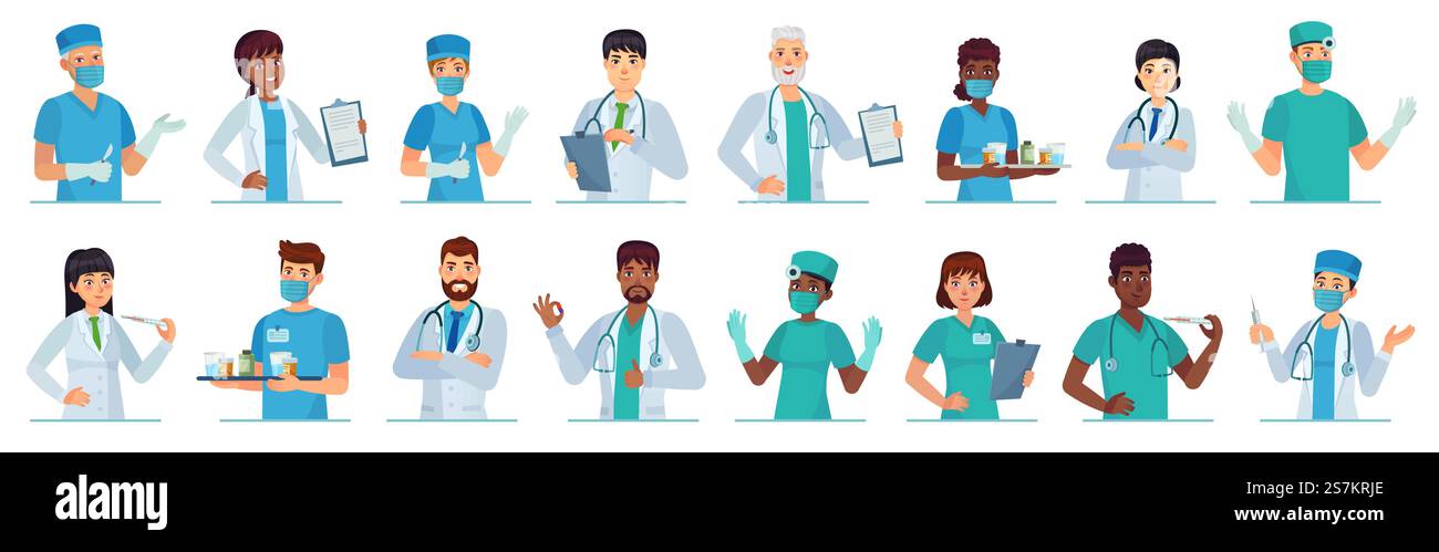 Cartoon medical workers. Doctor portrait, medical student and intern in ...