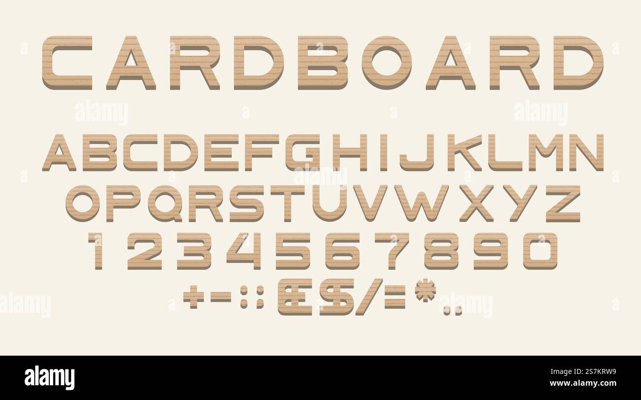 Cardboard font alphabet, numbers and punctuation, sans serif characters ...