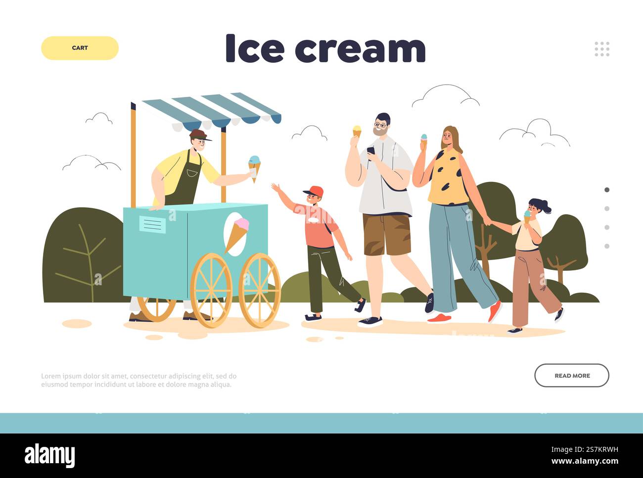 Ice cream concept of landing page with happy family standing at street ...