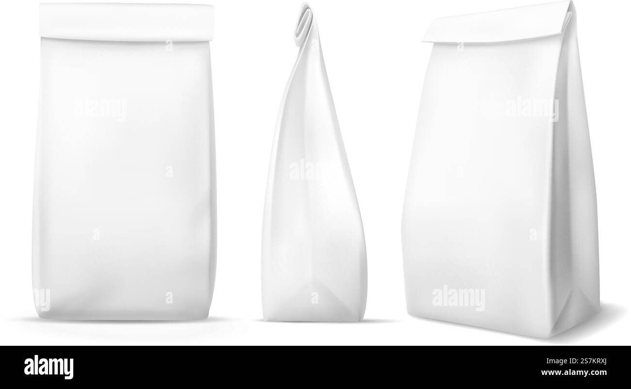 White paper food bag. Blank snack product packaging bags mockups ...