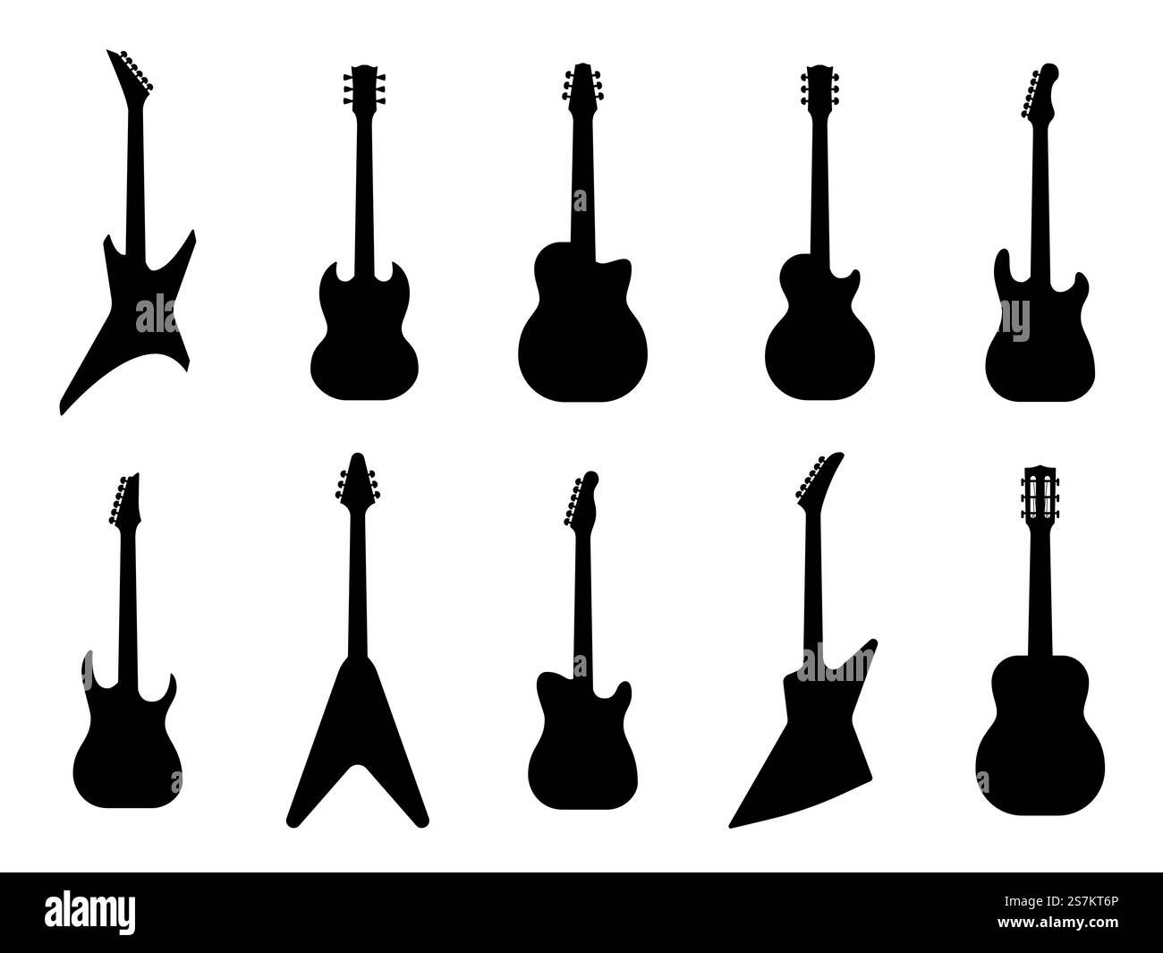 Guitar silhouettes. Acoustic and heavy rock electric guitars outline ...