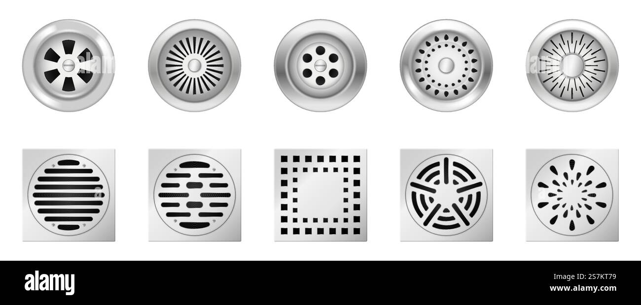 Realistic metal drainage grates. Set of square and round drain manhole ...