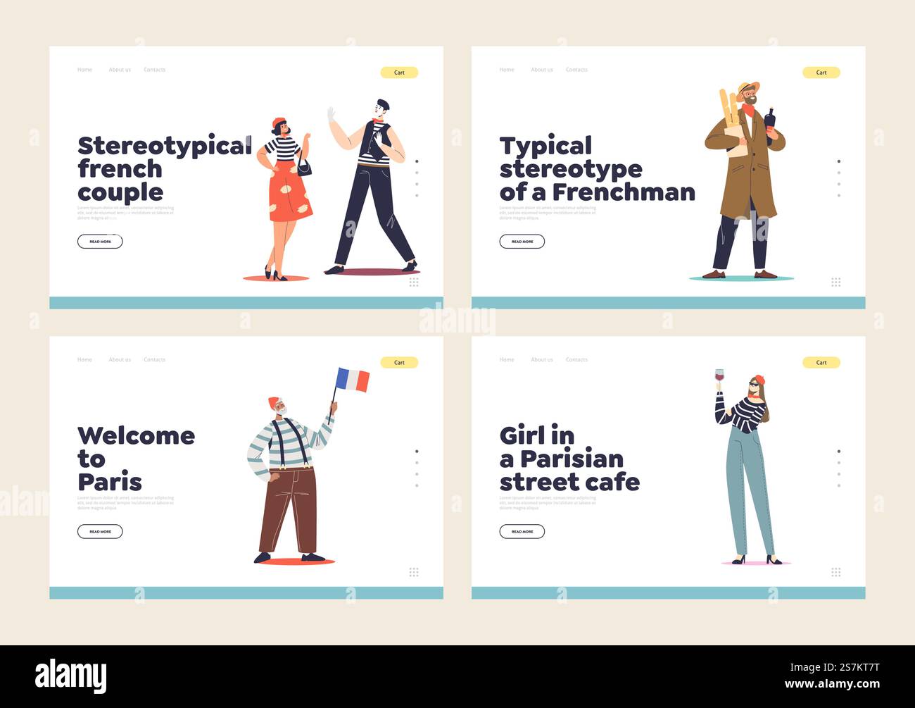 French stereotypes and traditions concept of set of landing pages with ...