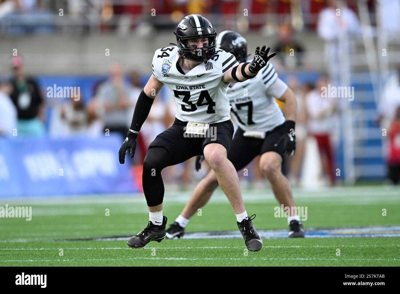 Iowa State linebacker Beau Goodwin (34) follows a play against Miami ...