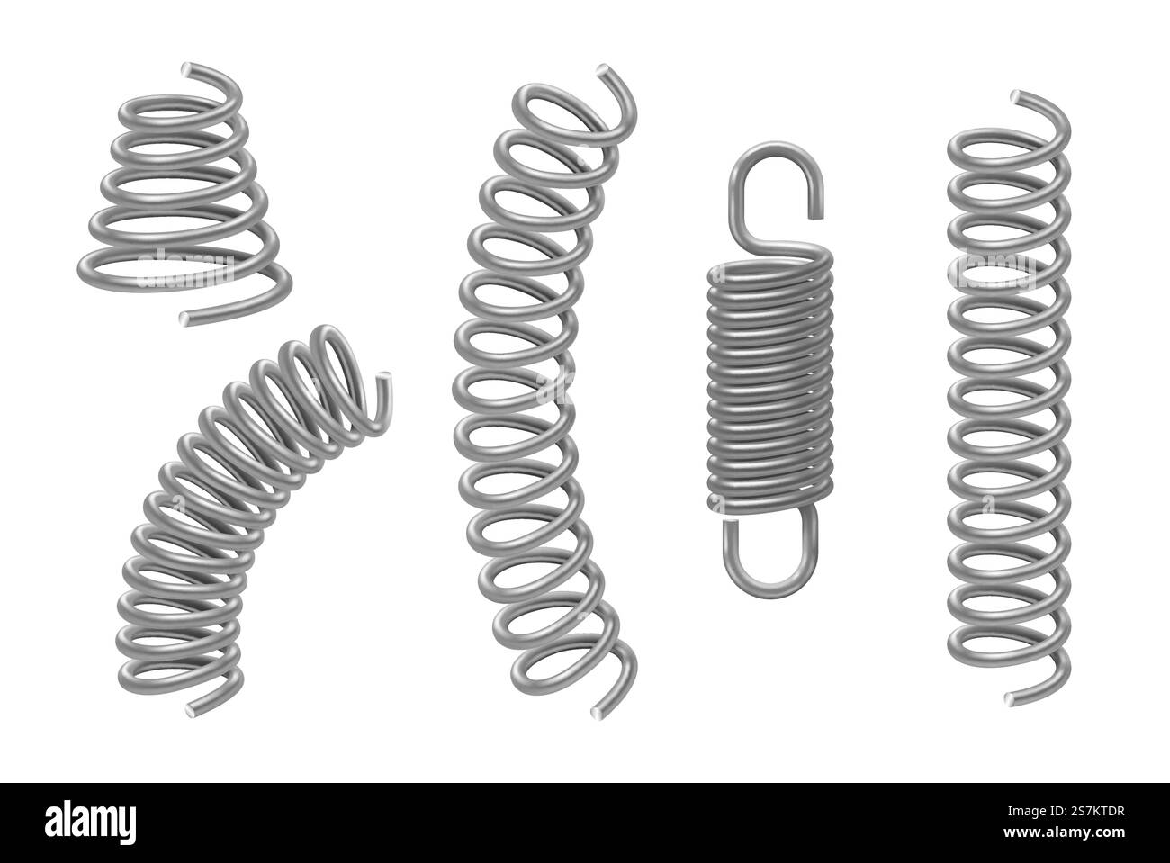 Metal springs set of various shaped tapering. Compressed, extended ...