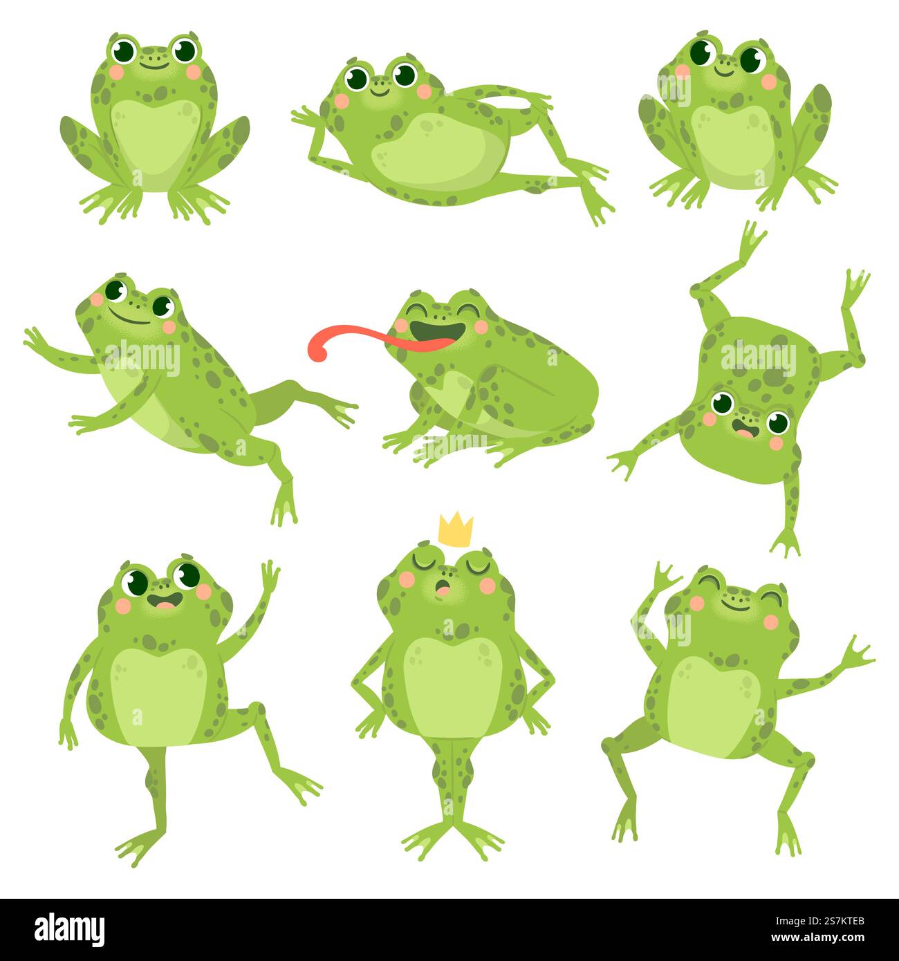 Cute frogs. Green funny frogs in various poses, happy animals group ...