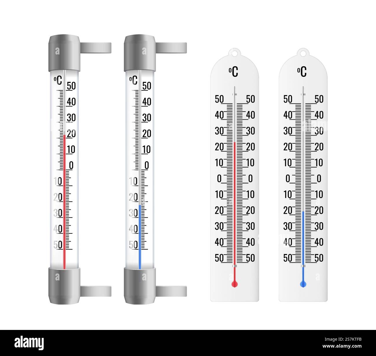 Realistic thermometers set. Outdoor and indoor celsius alcohol ethanol ...