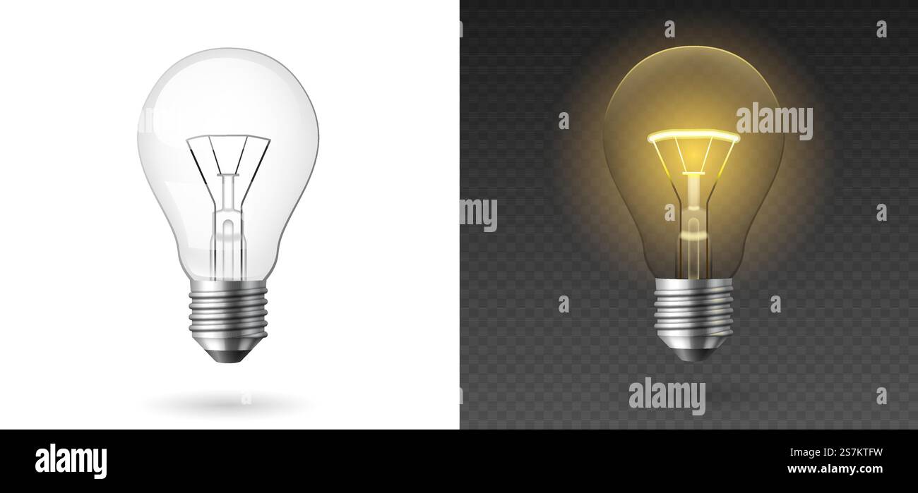 Realistic light bulb. Glowing yellow and white incandescent filament ...
