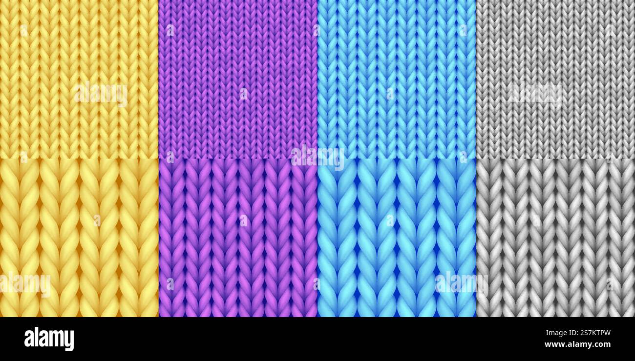 Set of realistic seamless knitted pattern. Merino wool, yarn texture ...