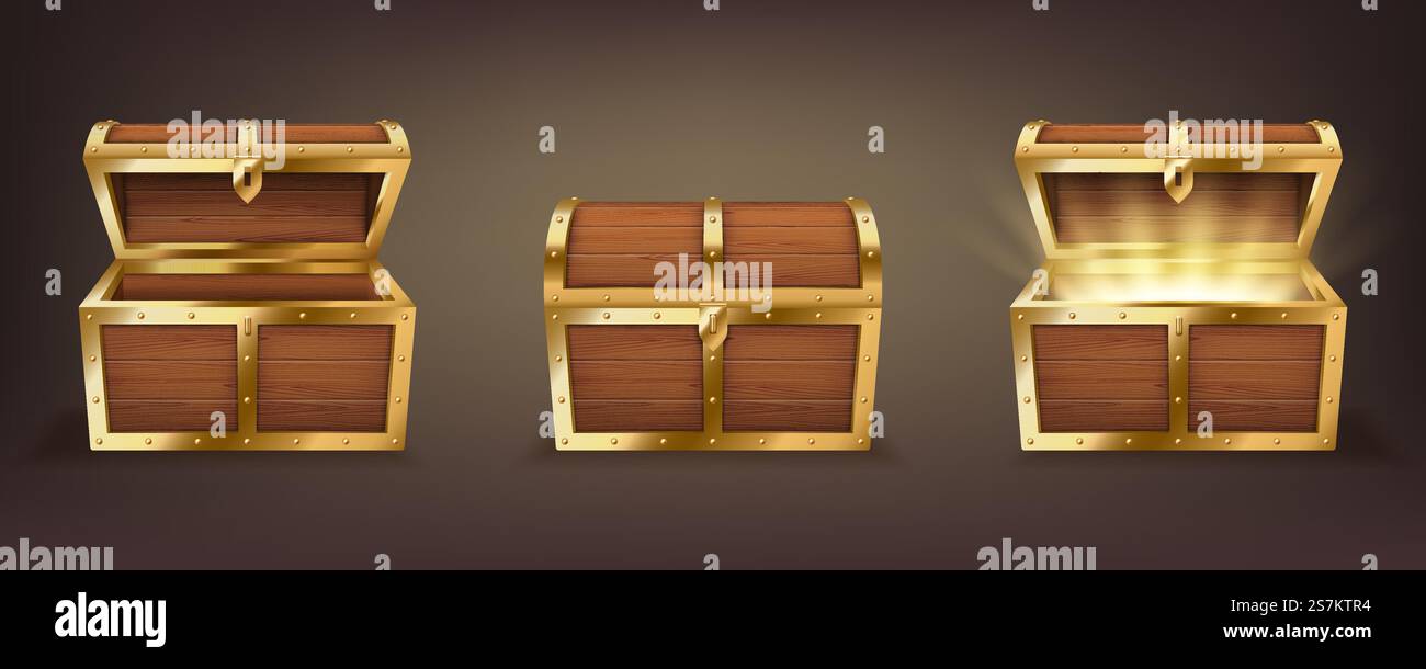 Set of wooden chests with open and closed lid, full of shining golden ...