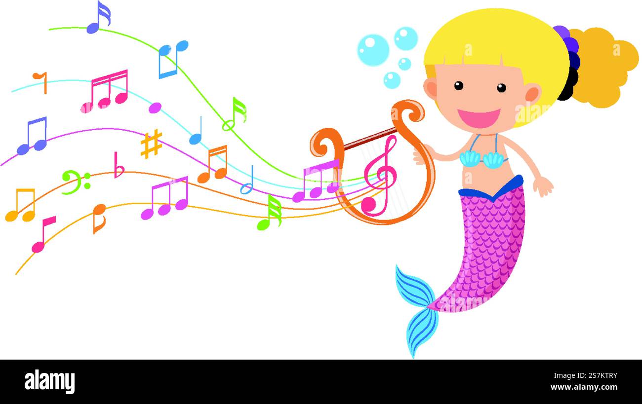 Colorful mermaid with music notes and bubbles Stock Vector Image & Art ...