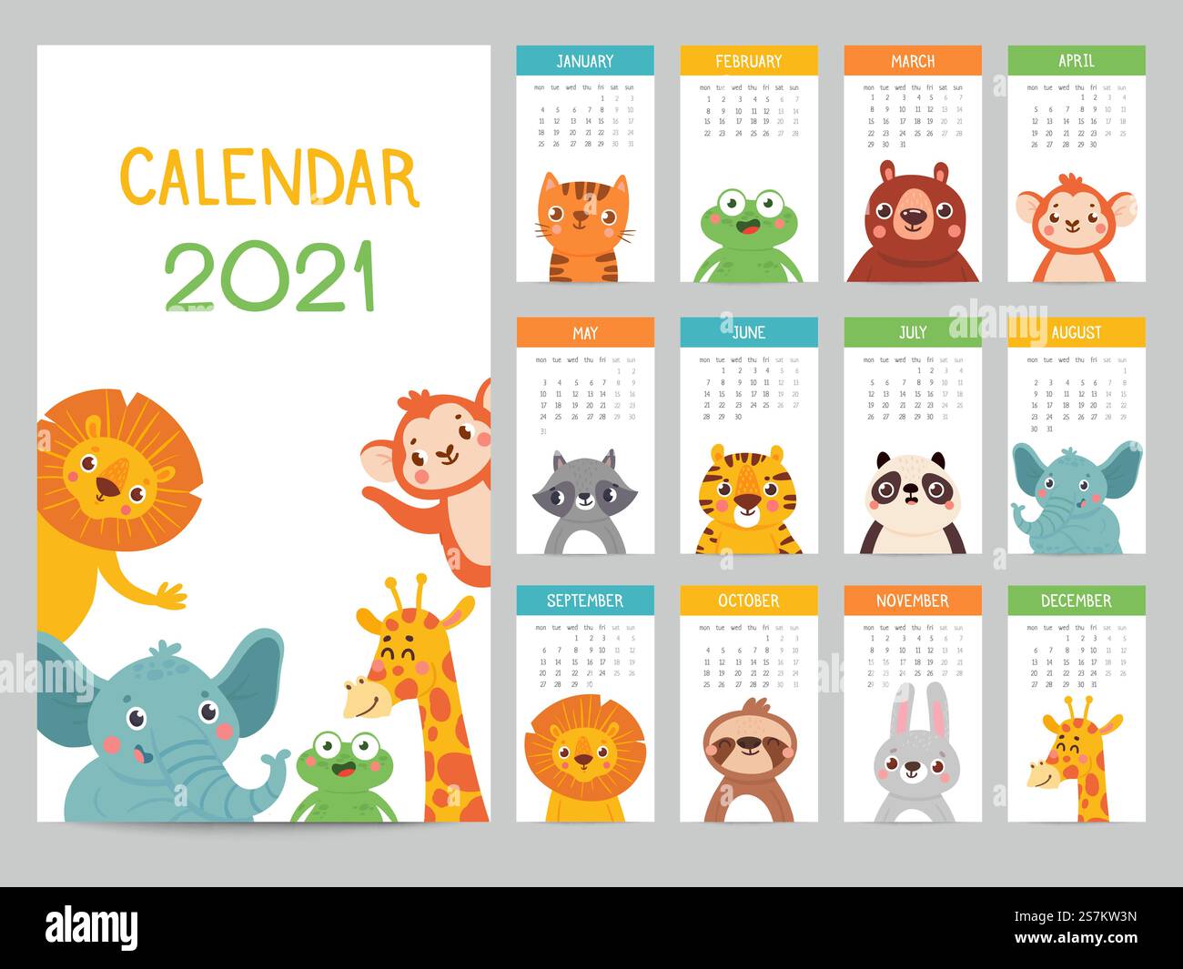 Animals calendar 2021. Cute monthly calendar with different animals ...
