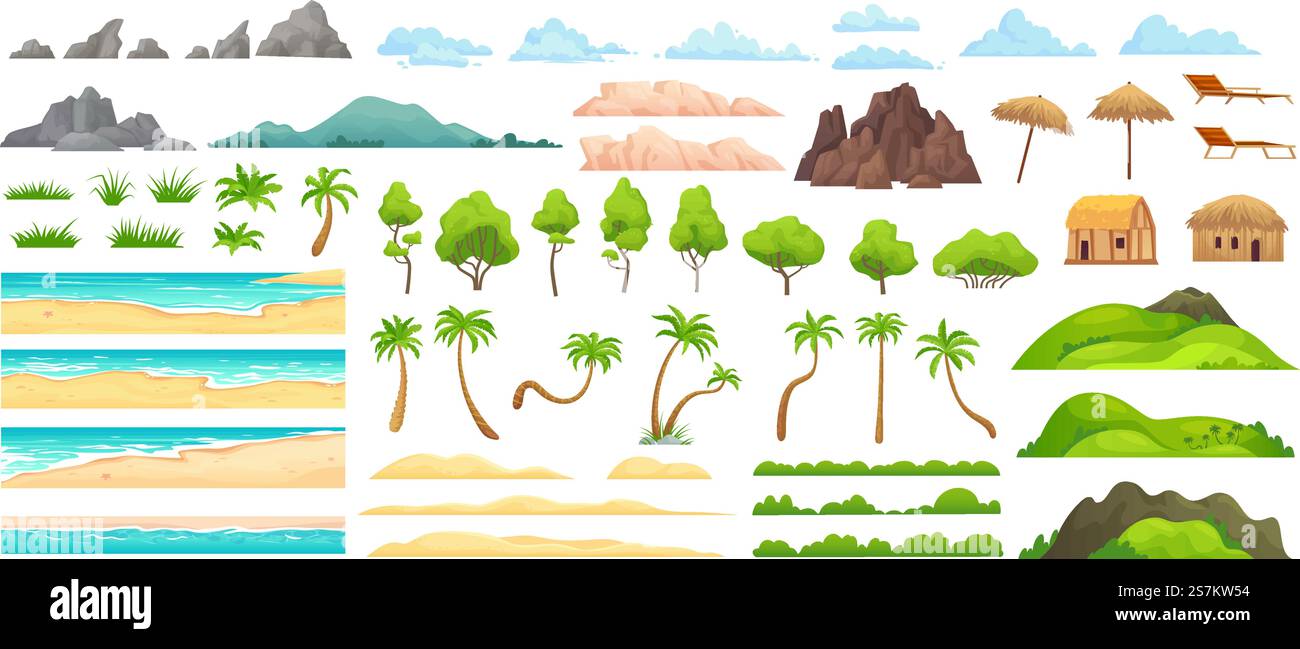 Beach landscape constructor. Sandy beaches, tropical palms, mountains and hills. Ocean horizon ...